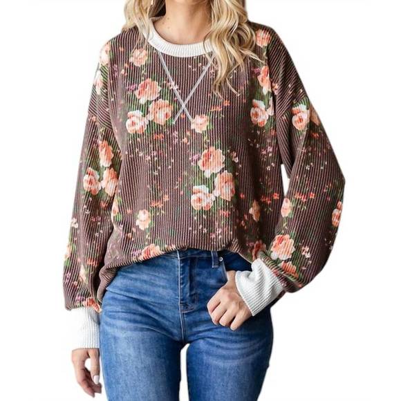 7th Ray | Sweaters | New 7th Ray Cindy Ribbed Floral Pullover In Brown ...